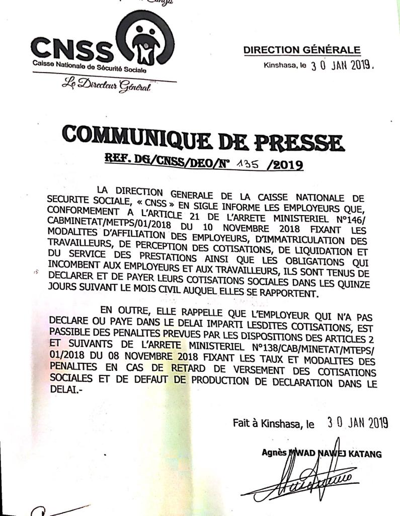 Communiqué de la CNSS sur la déclaration et le paiement des cotisations sociales dans les 15 ...